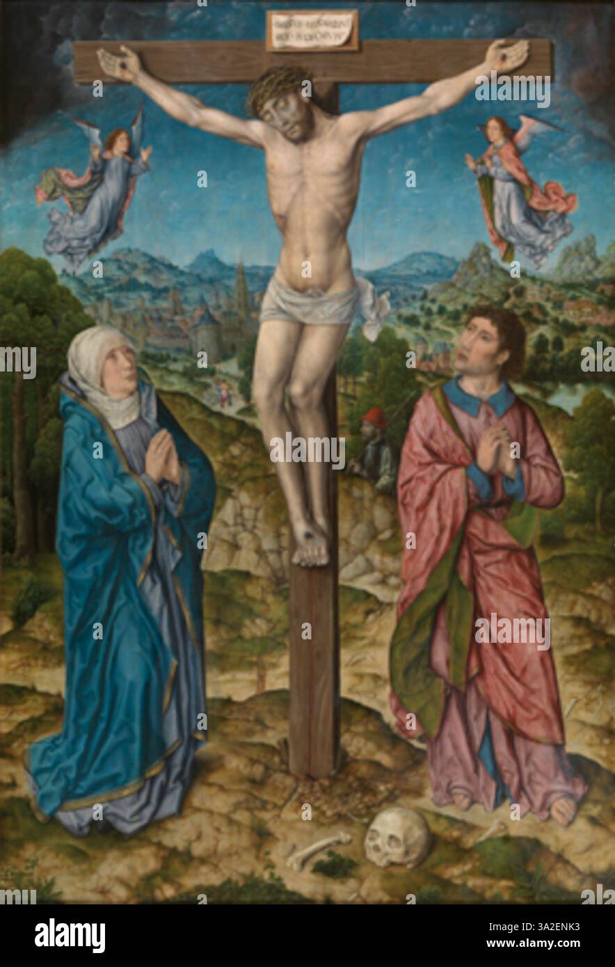 This painting by Albrecht Bouts depicts the Crucifixion of Christ, showing the intense suffering ...