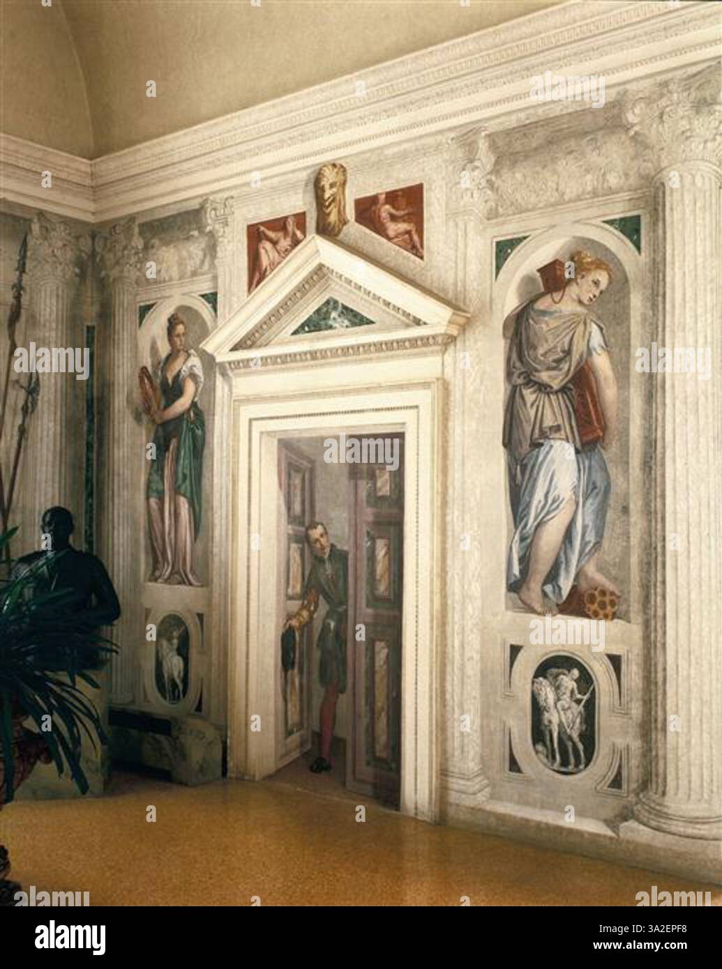 This image portrays the salle cruciforme in Villa Barbaro, painted by ...