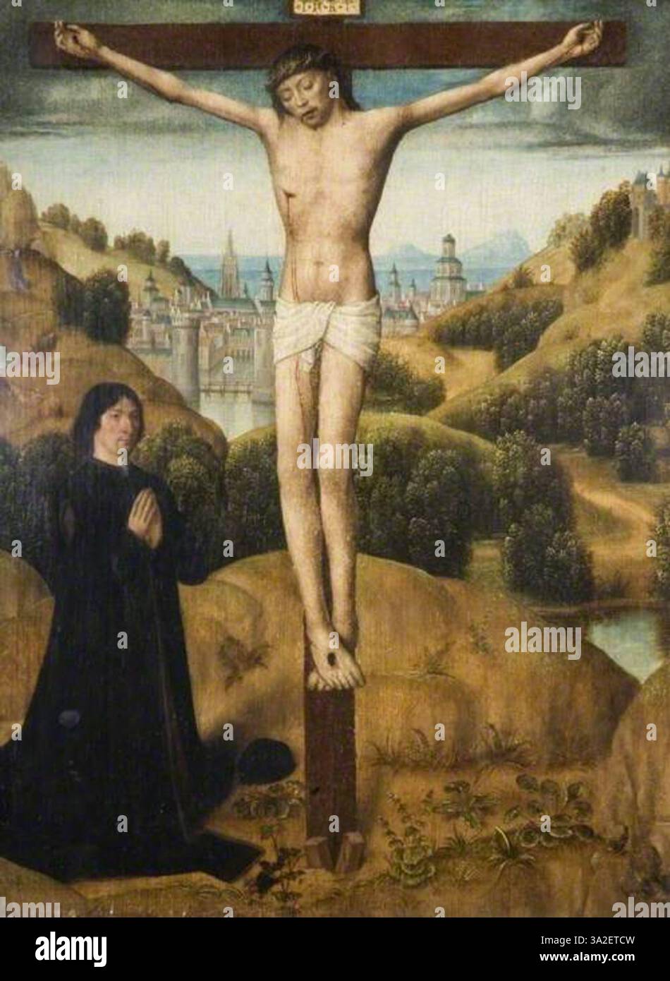 This painting depicts Christ on the cross, with a donor figure included ...