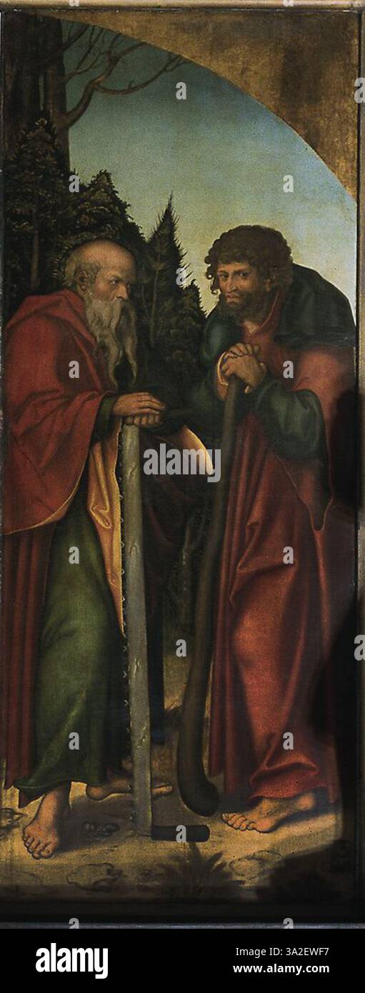 The right fixed wing of the Neustadt Retable depicts the apostles St. Simon and St. Jude ...