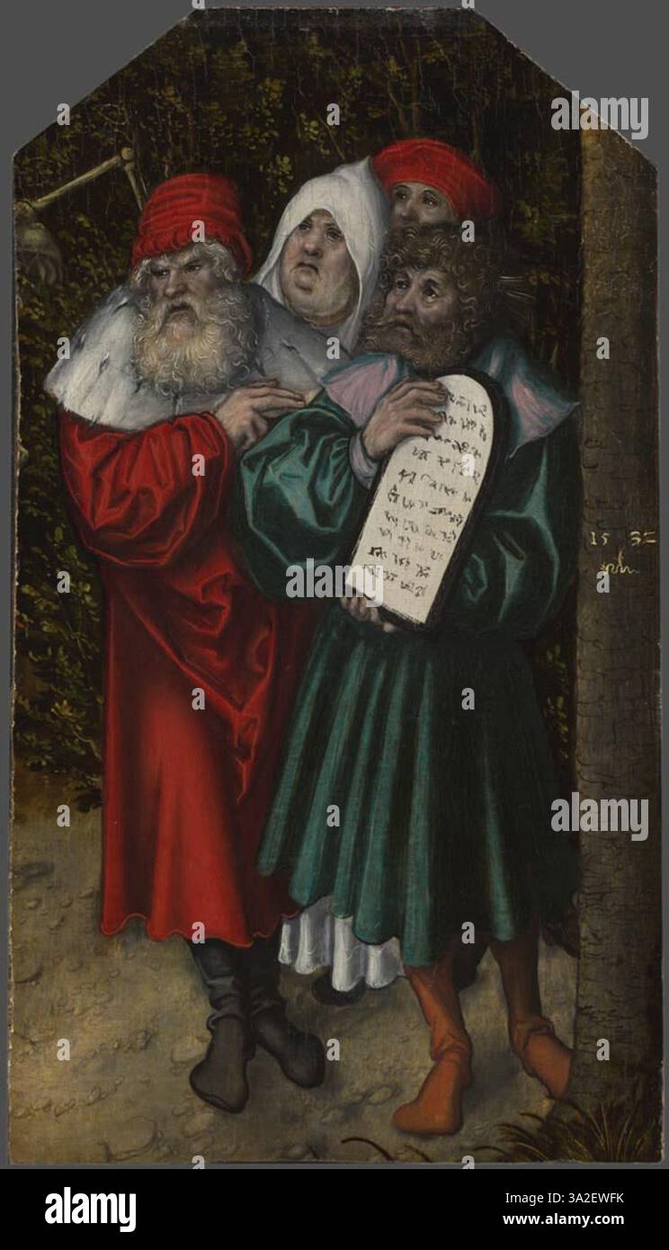 This fragment by Lucas Cranach the Elder, painted in 1532, depicts Moses and Aaron with two ...