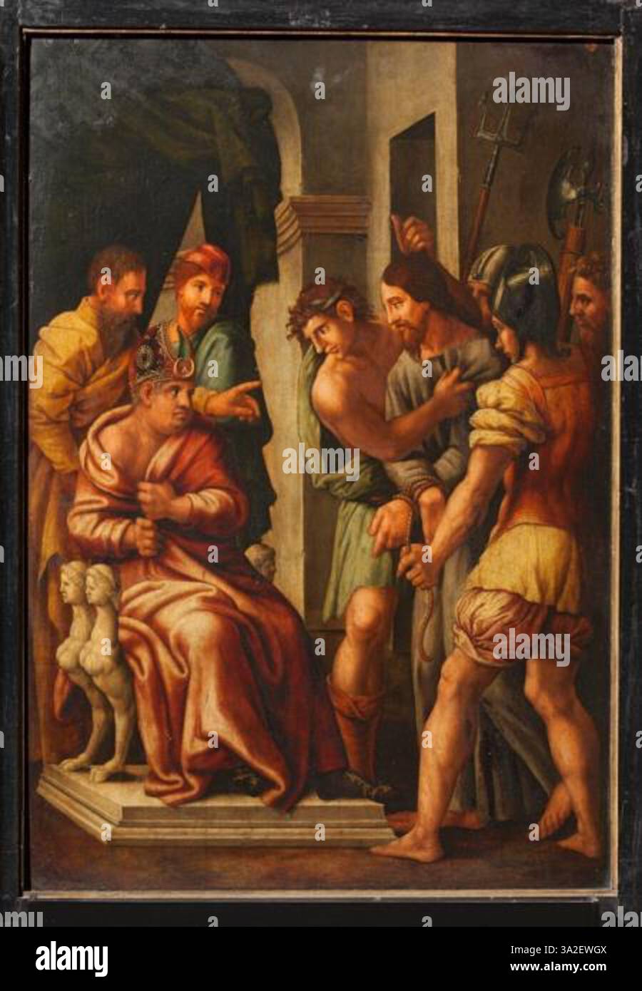 This painting by the Circle of Lambert Lombard portrays the biblical scene of Christ standing ...