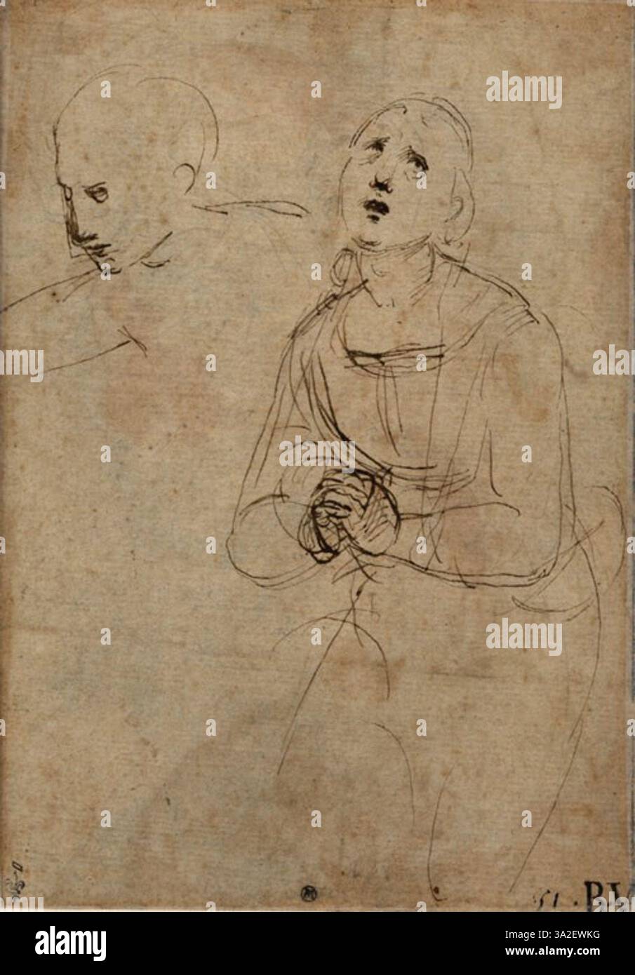 Raphael’s study of a draped woman kneeling with her head raised and ...