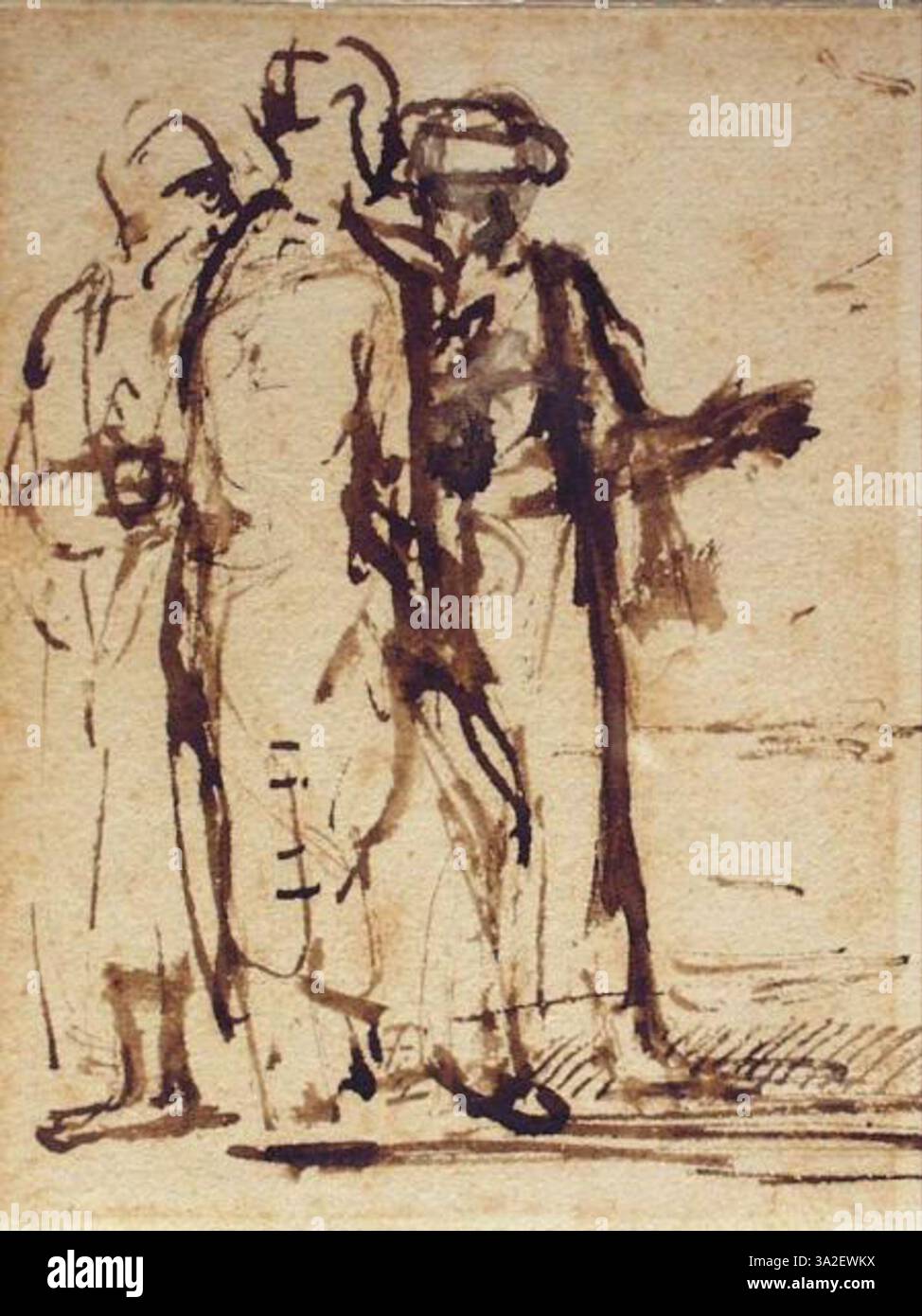 This drawing by Rembrandt portrays three figures, focusing on their ...