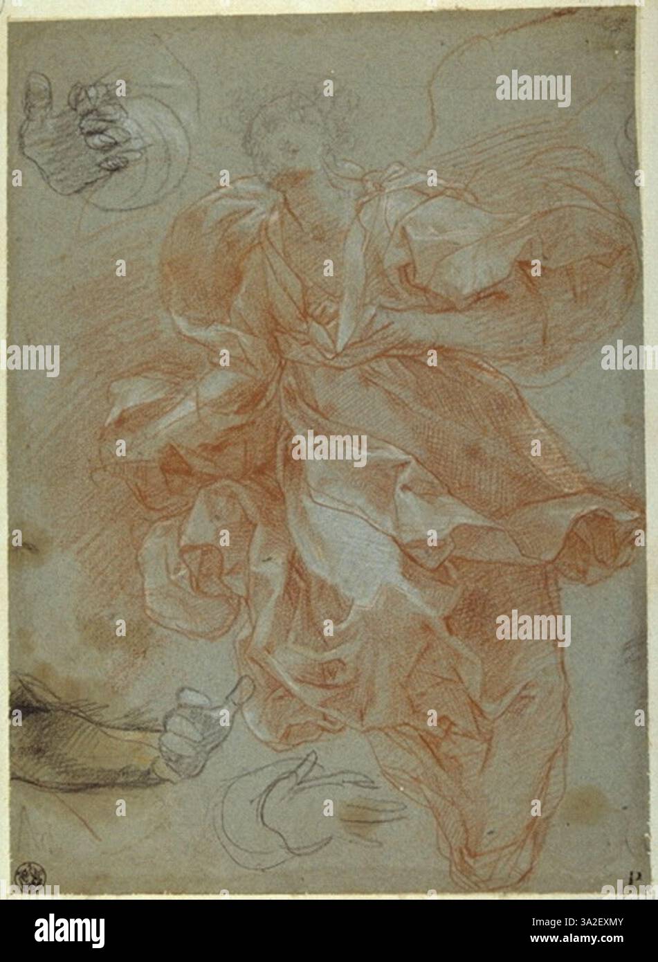 A clothing study for a floating angel, along with hand studies ...