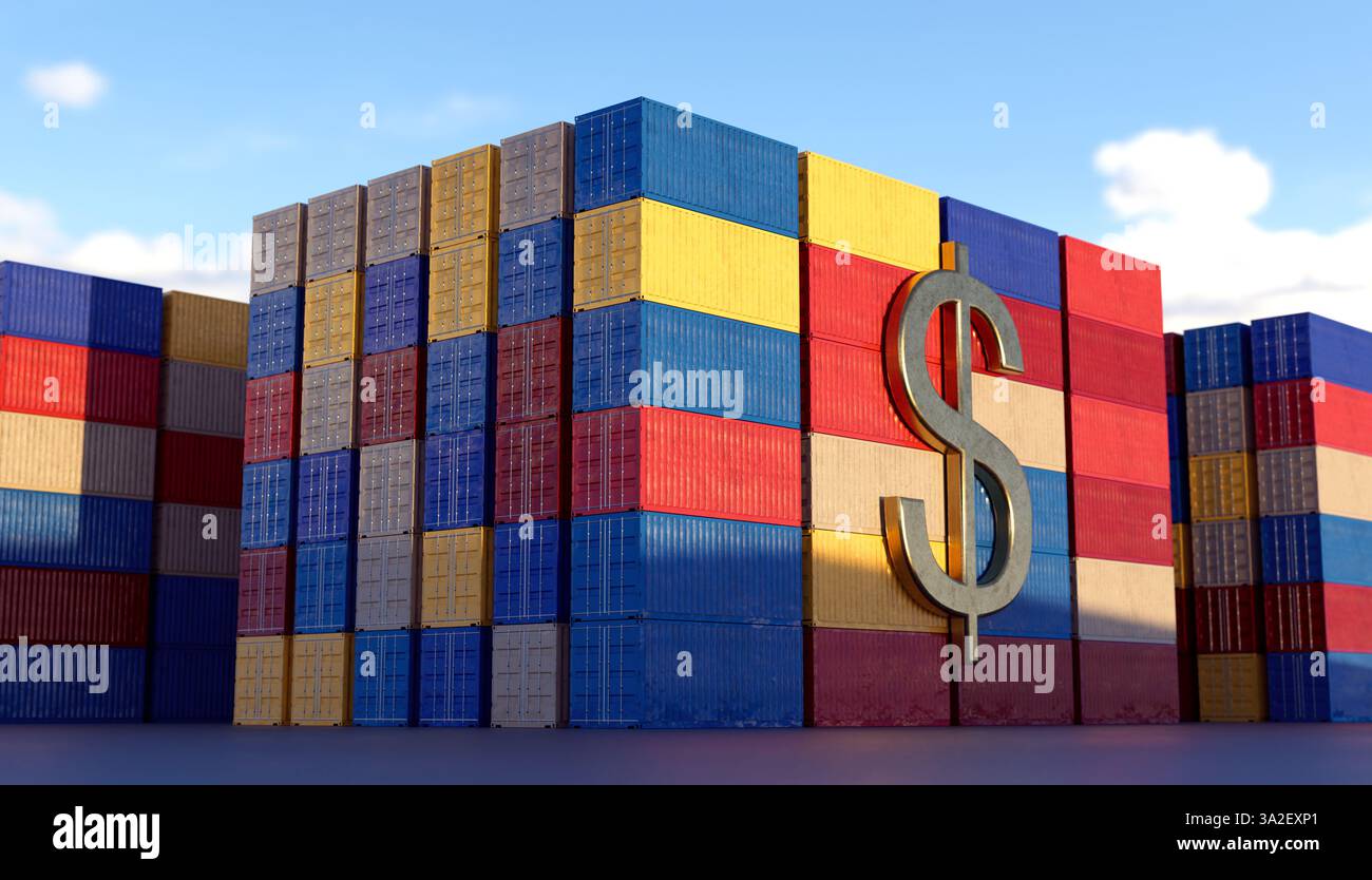 USA trade war and international tariffs. Stacked shipping containers ...