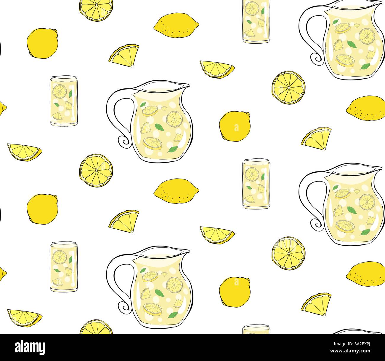 Citrus fruits lemonade seamless pattern. Vector graphic line ink ...