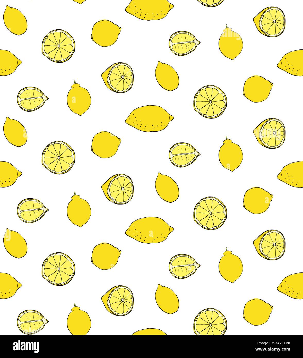Lemons whole and cut seamless pattern. Vector graphic line ink yellow ...