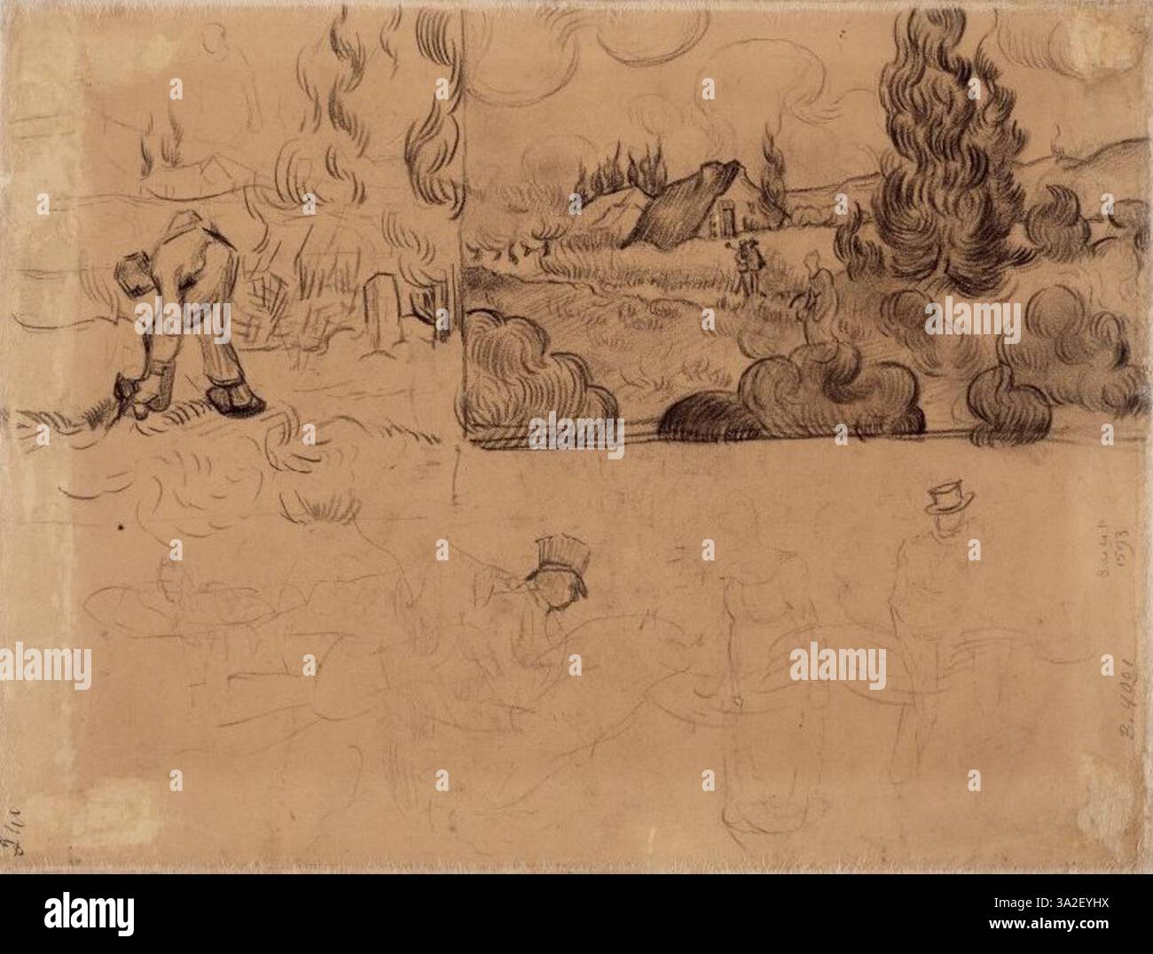 A drawing by Vincent van Gogh depicting a rural scene with dynamic ...