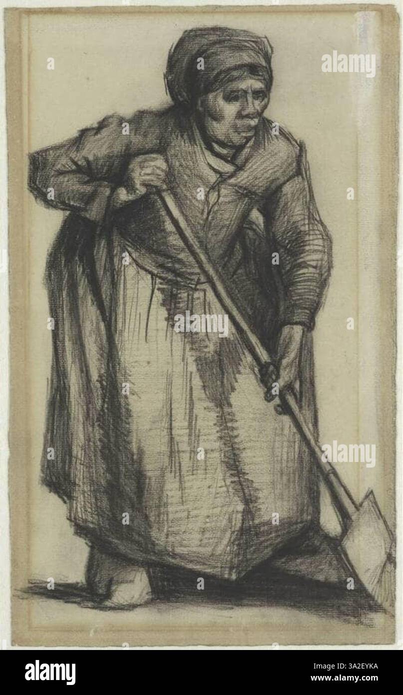 This painting by Van Gogh depicts a woman holding a shovel, emphasizing ...