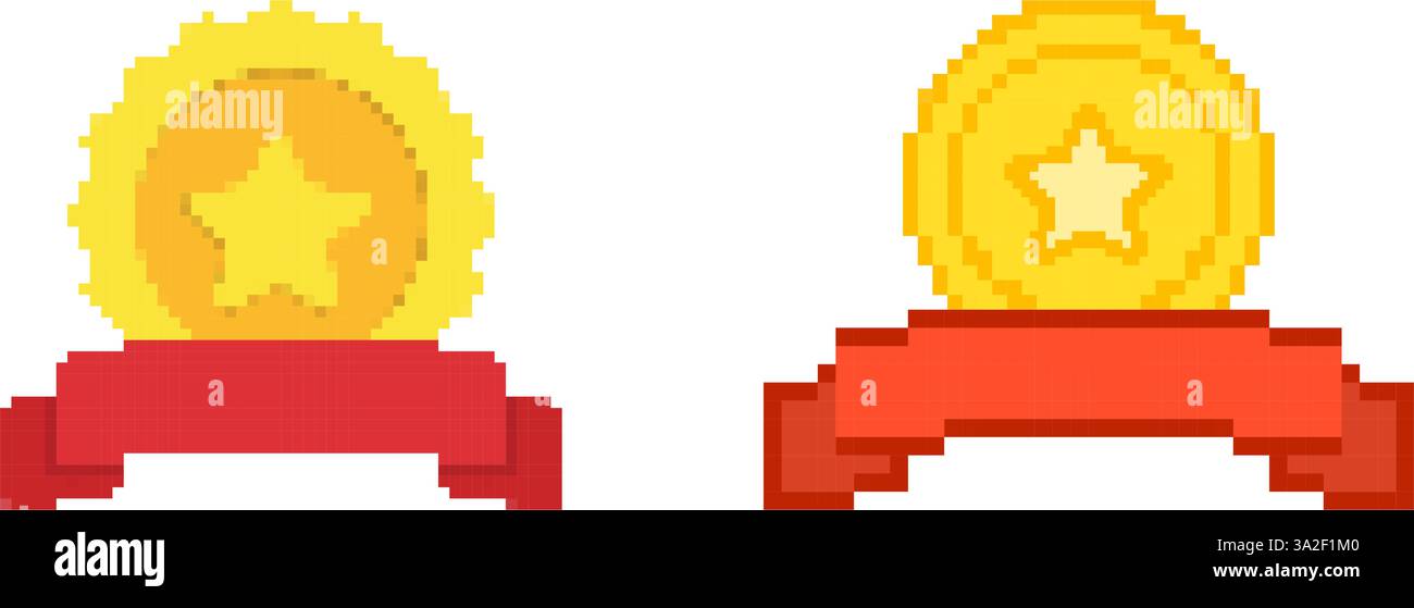Gold Medal And Star Pixelated Icon Set. Pixel Art Symbol Collection Of ...