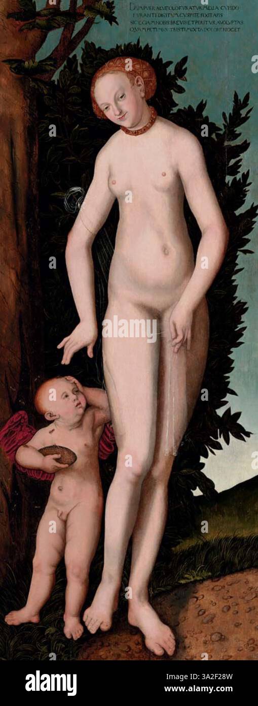 This painting by Lucas Cranach the Elder and his workshop depicts Venus and Cupid, with Cupid ...