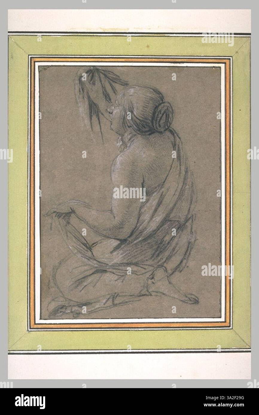 In this drawing, a kneeling woman is shown with her body facing left ...