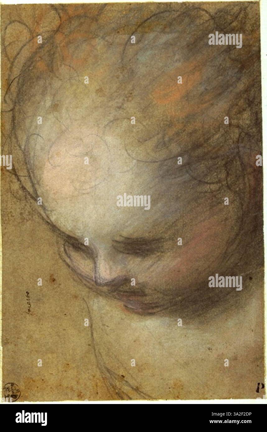 A detailed study of a child’s head, showing the downward gaze and the ...