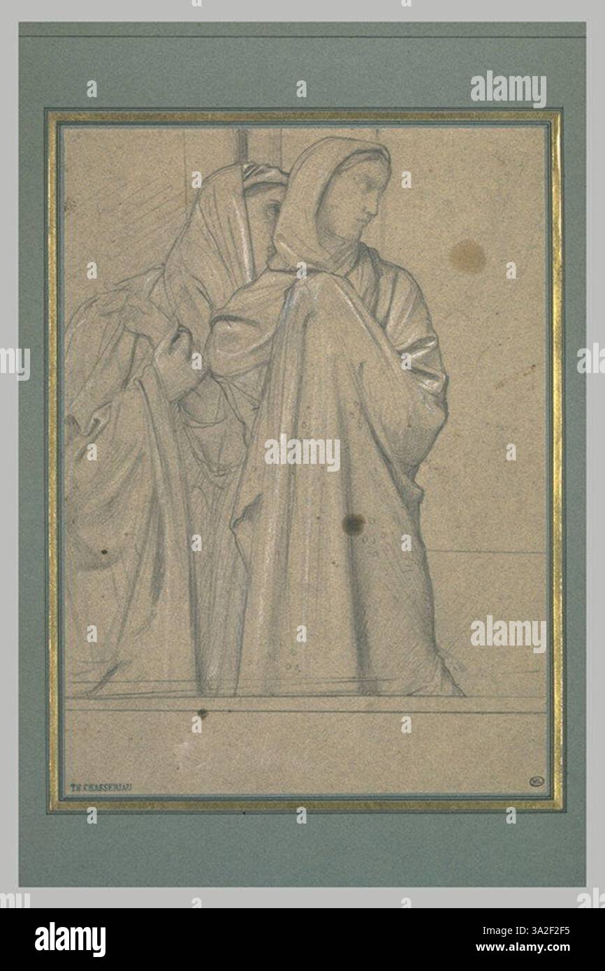This drawing portrays two women draped in cloth. The focus is on the ...