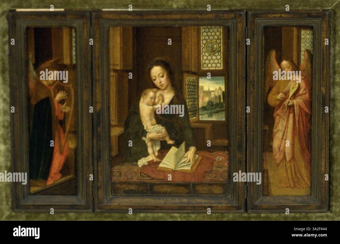 This triptych by Adriaen Isenbrandt features the Madonna and Child, accompanied by two angels ...