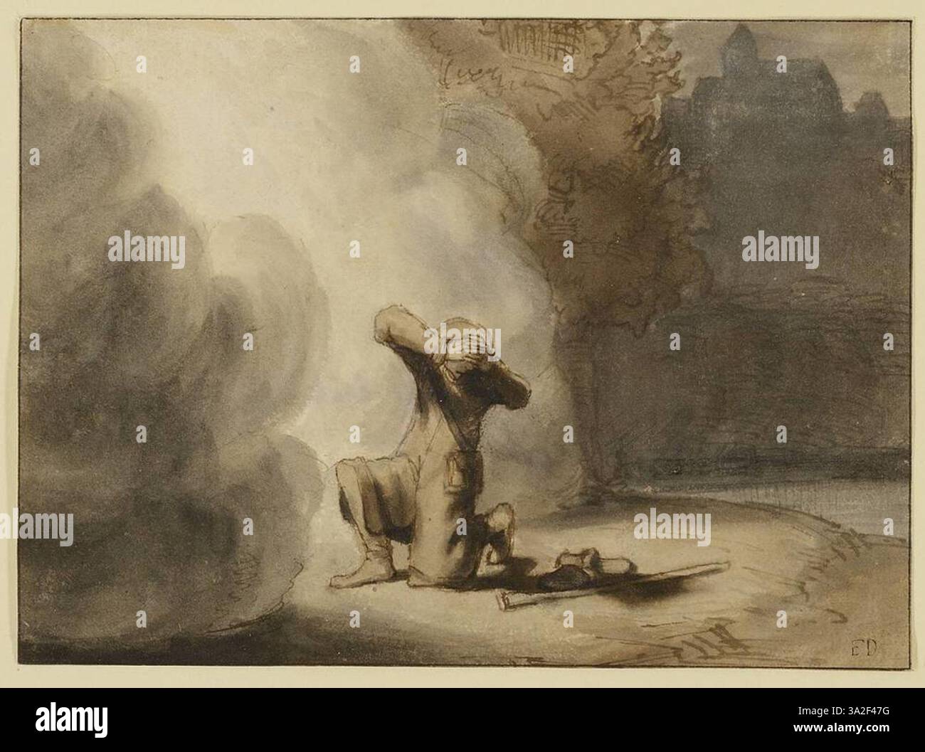 This imitation of Rembrandt’s work shows a kneeling traveler before a ...
