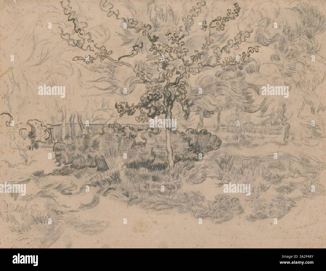 A Vincent van Gogh drawing that emphasizes a rural landscape ...