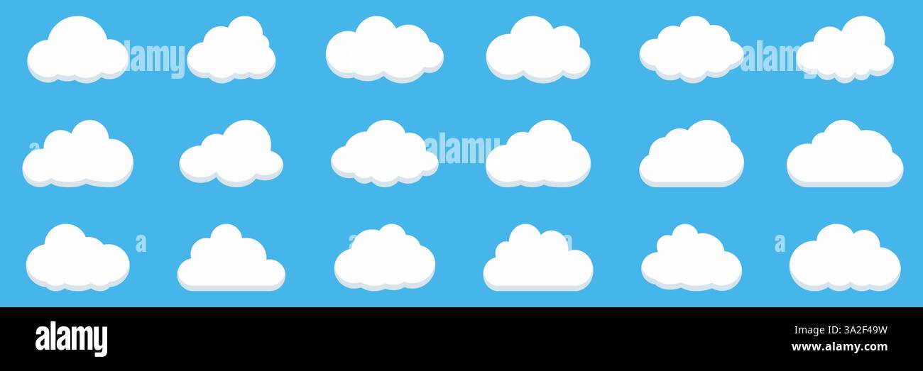 Cloud shapes and types icon set. Weather and meteorology white symbol ...