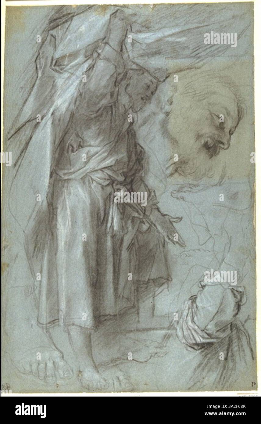 A study of a male figure holding a curtain, with detailed studies of ...