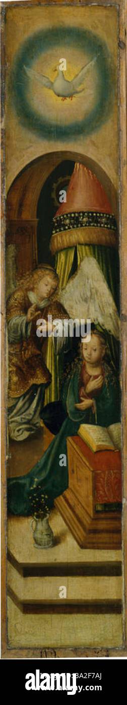 This painting from the workshop of Lucas Cranach the Elder depicts the Annunciation, a moment in ...