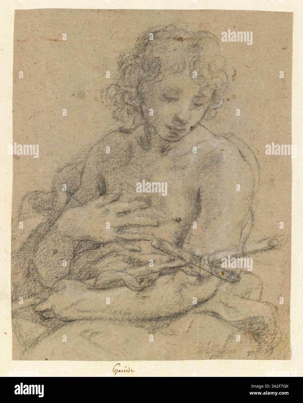 This work attributed to Guido Reni depicts the bust of Saint John the Baptist, gazing at a ...