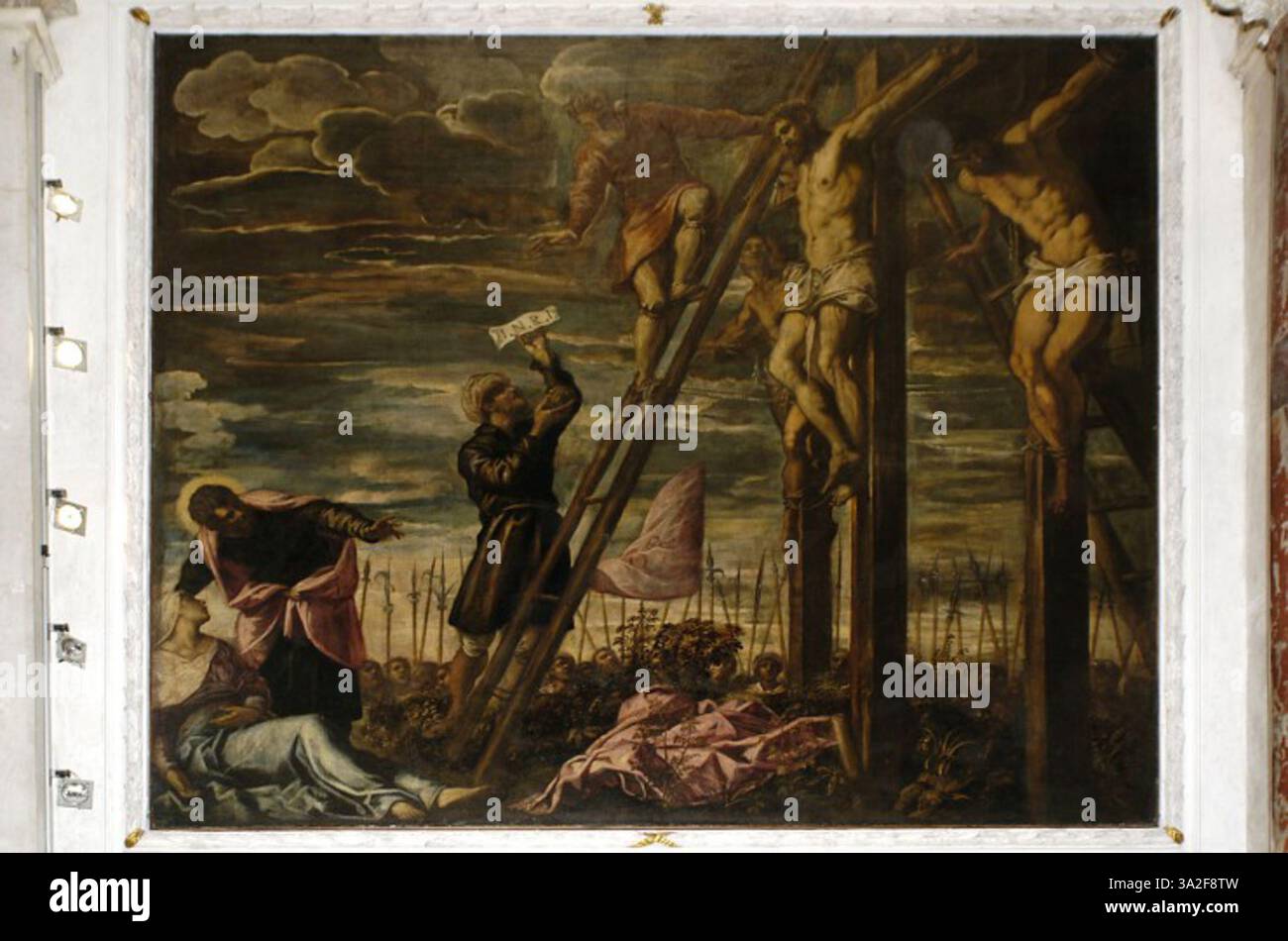 This artwork captures the Crucifixion of Christ, focusing on the ...