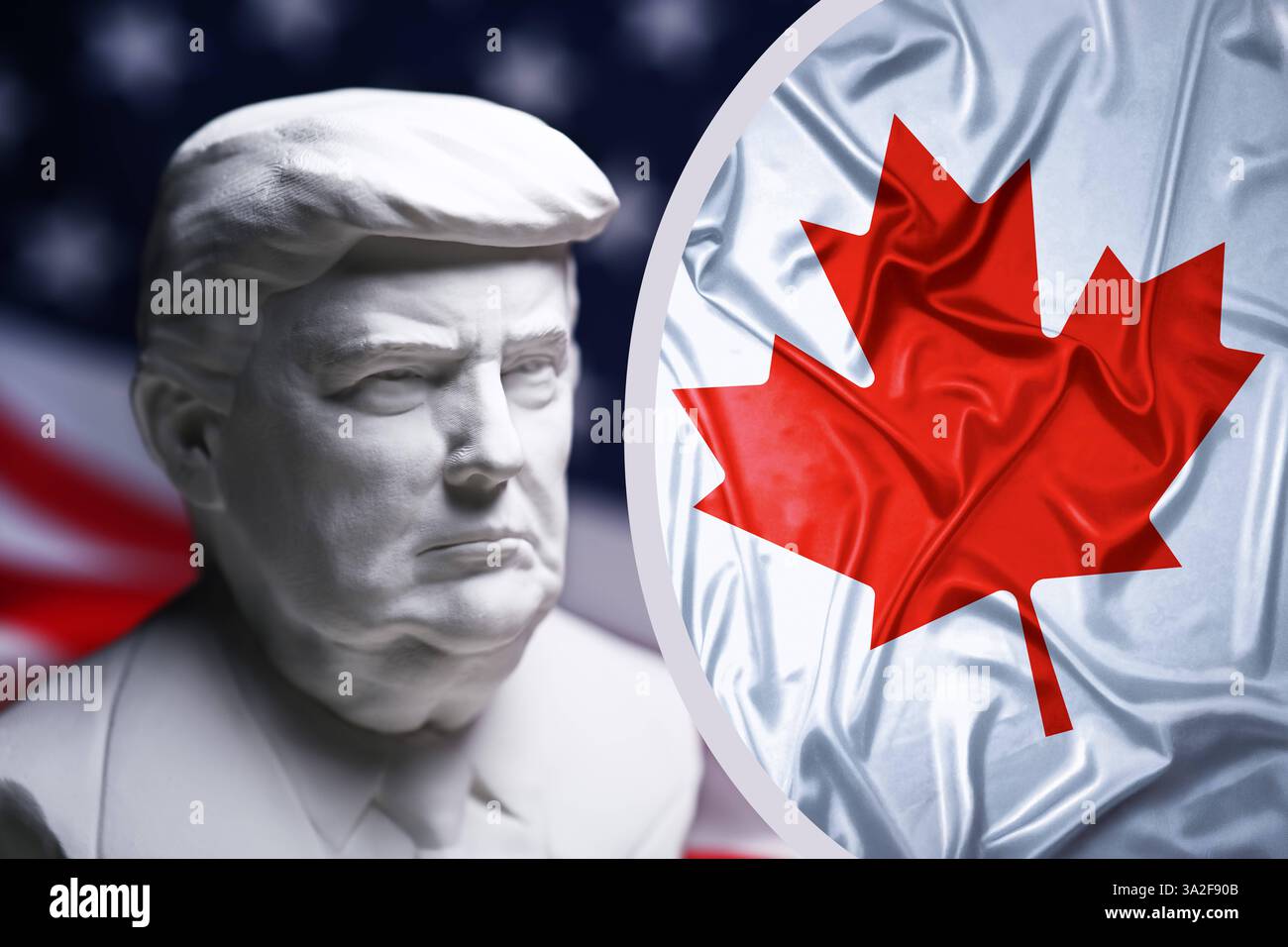 FOTOMONTAGE, Büste von Donald Trump neben Fahne von Kanada, Symbolfoto ...