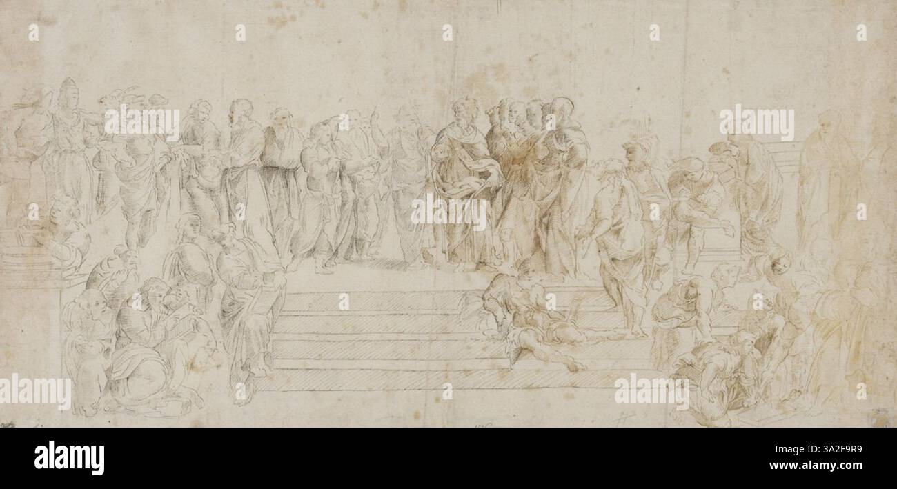 This is a copy after Raphael's iconic 'School of Athens', focusing on the depiction of various ...