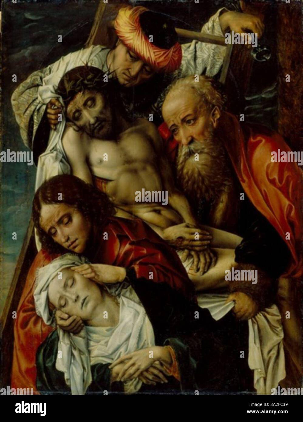 This painting, created circa 1520, depicts the Deposition of Christ, focusing on Christ's ...
