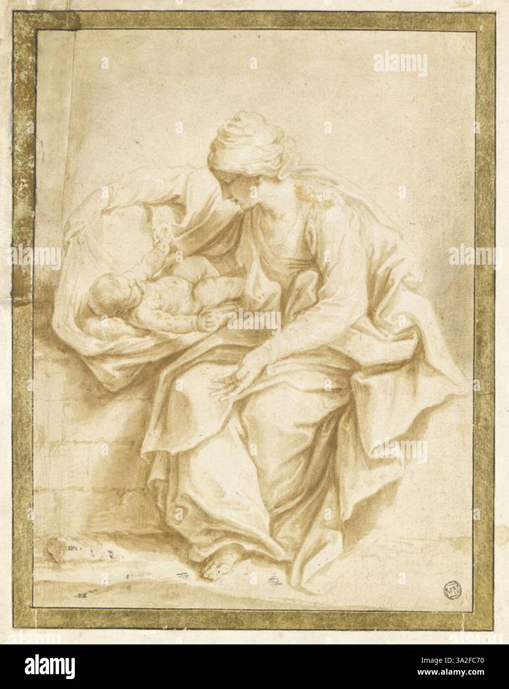 This charming depiction shows the Virgin Mary playfully interacting with the infant Jesus. The ...