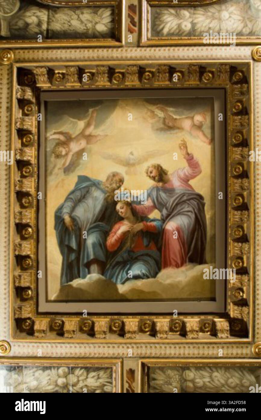 This artwork depicts the Coronation of the Virgin Mary by Christ. The ...