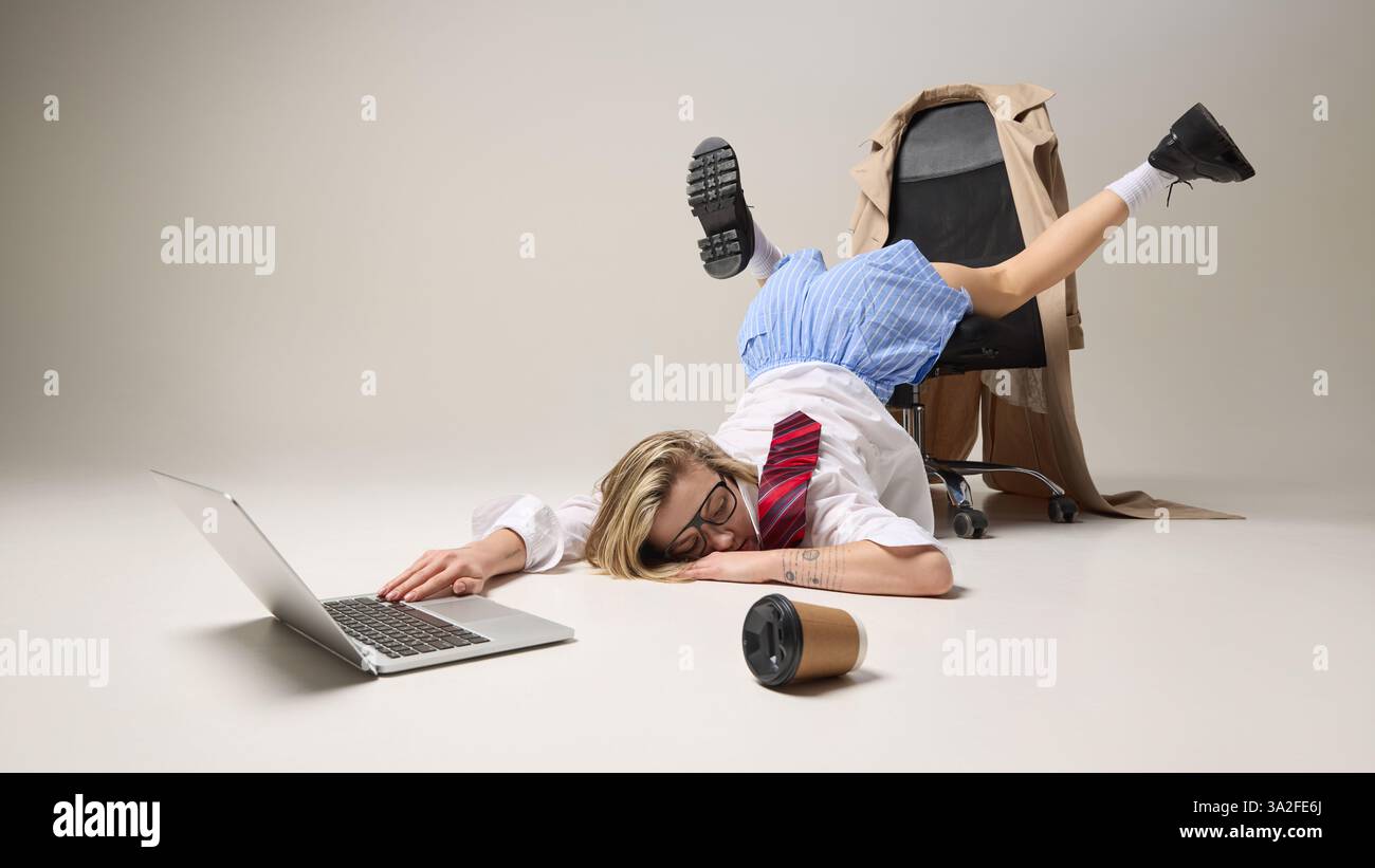 Exhausted woman collapsed in unconventional pose on office chair ...