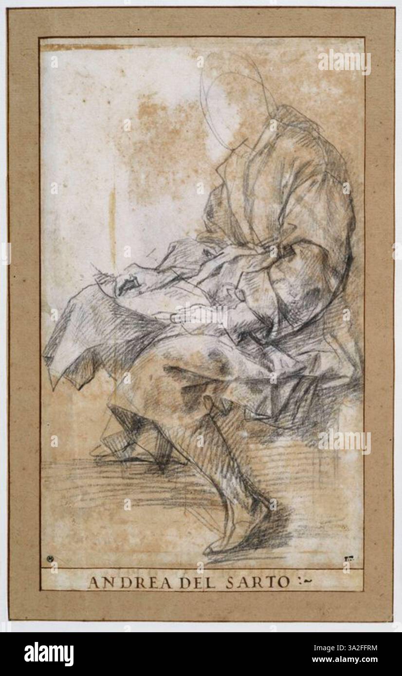 This drawing depicts a draped man seated and writing. The figure is ...