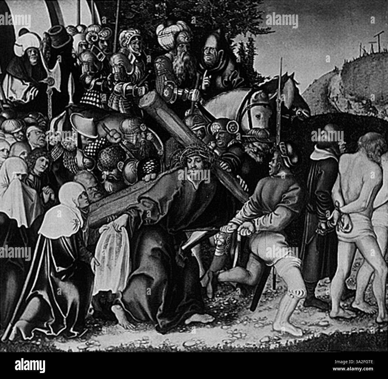 This artwork by Lucas Cranach the Elder depicts the carrying of the cross by Christ, an ...