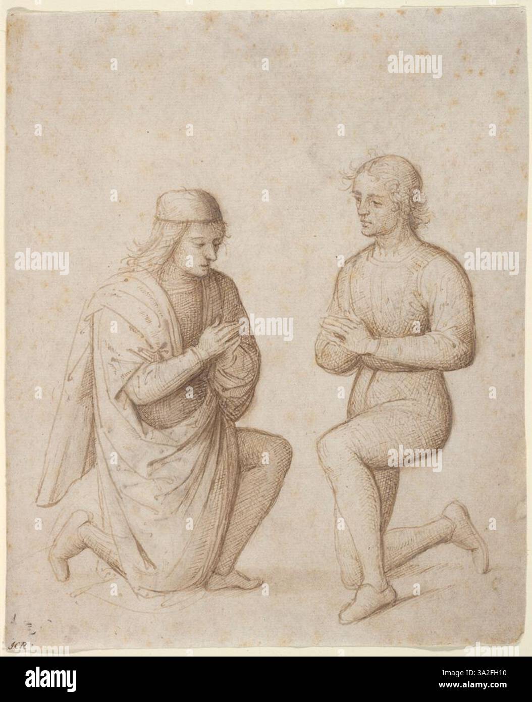 Attributed to Perugino, this work features two men kneeling in prayer ...