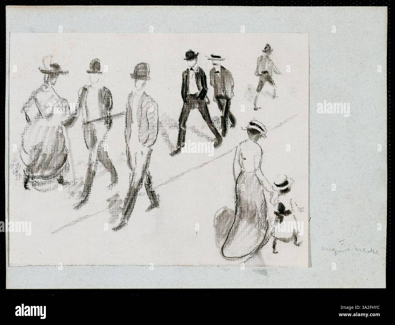 This painting depicts two figures walking together in a natural setting ...