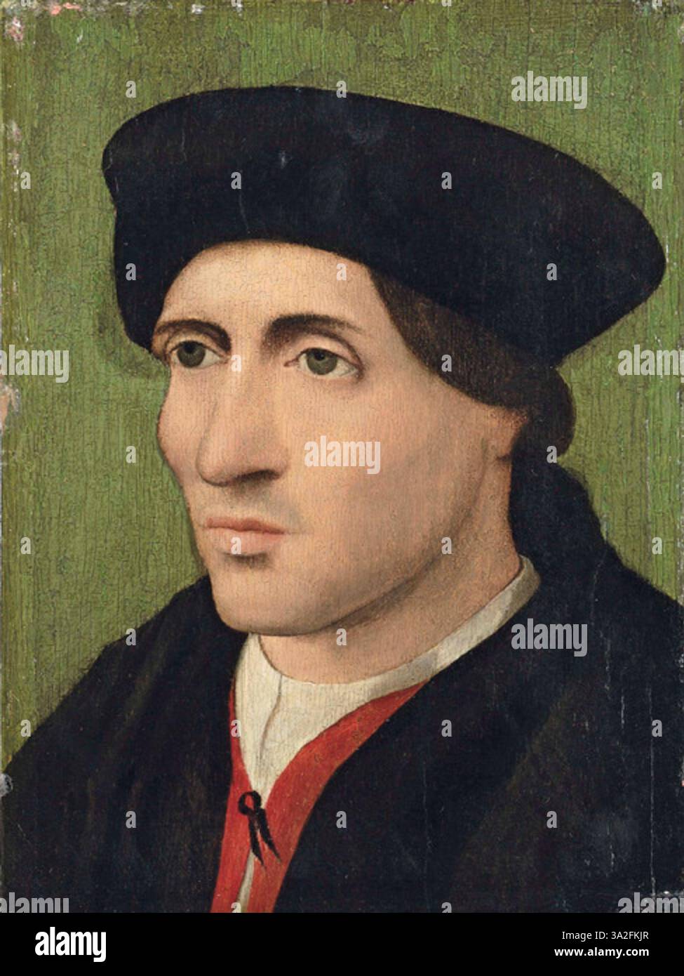 This portrait depicts a man from the late 15th century, rendered in ...