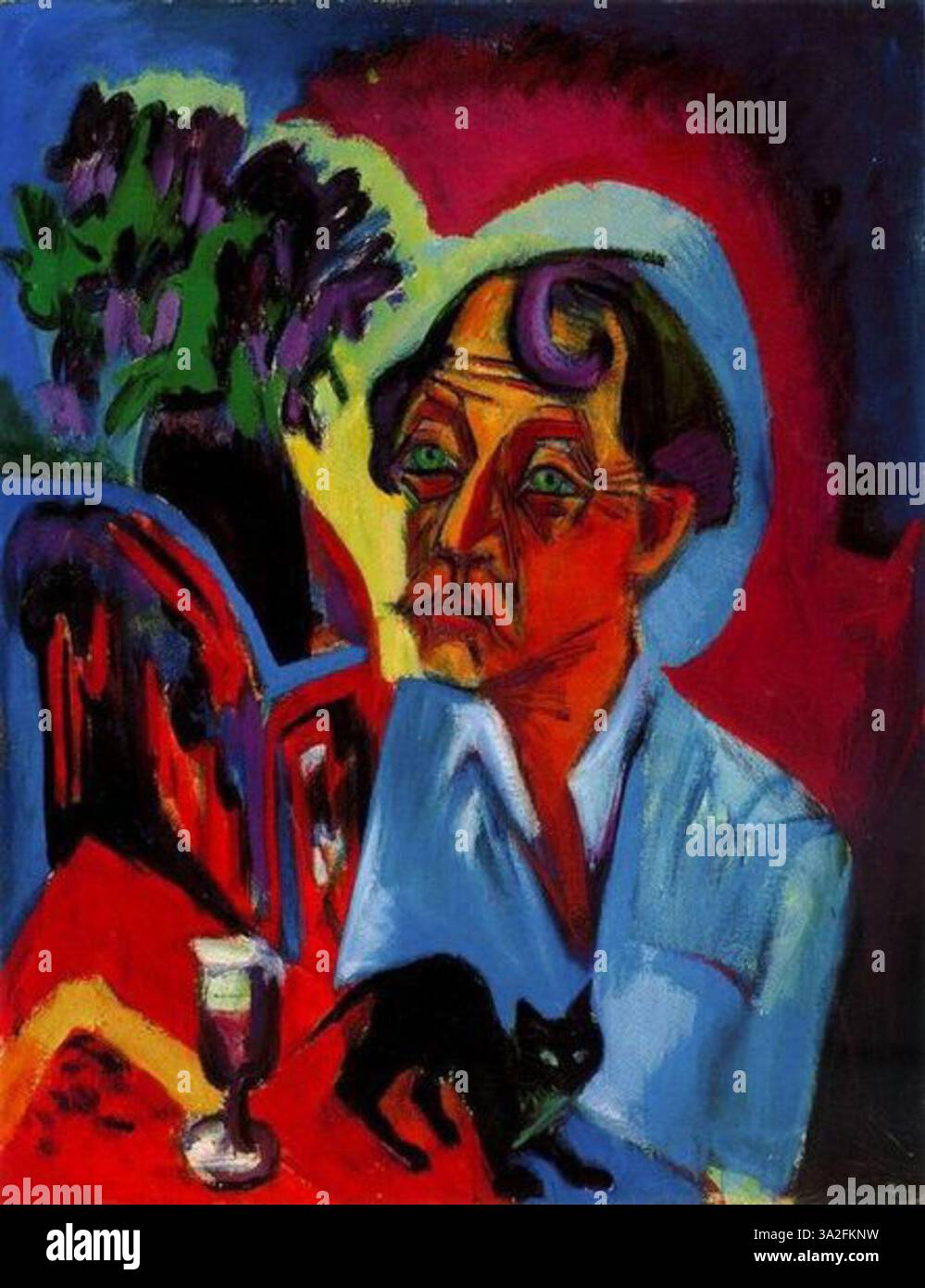 Kirchner captures a serene moment with a man and his cat, rendered with ...