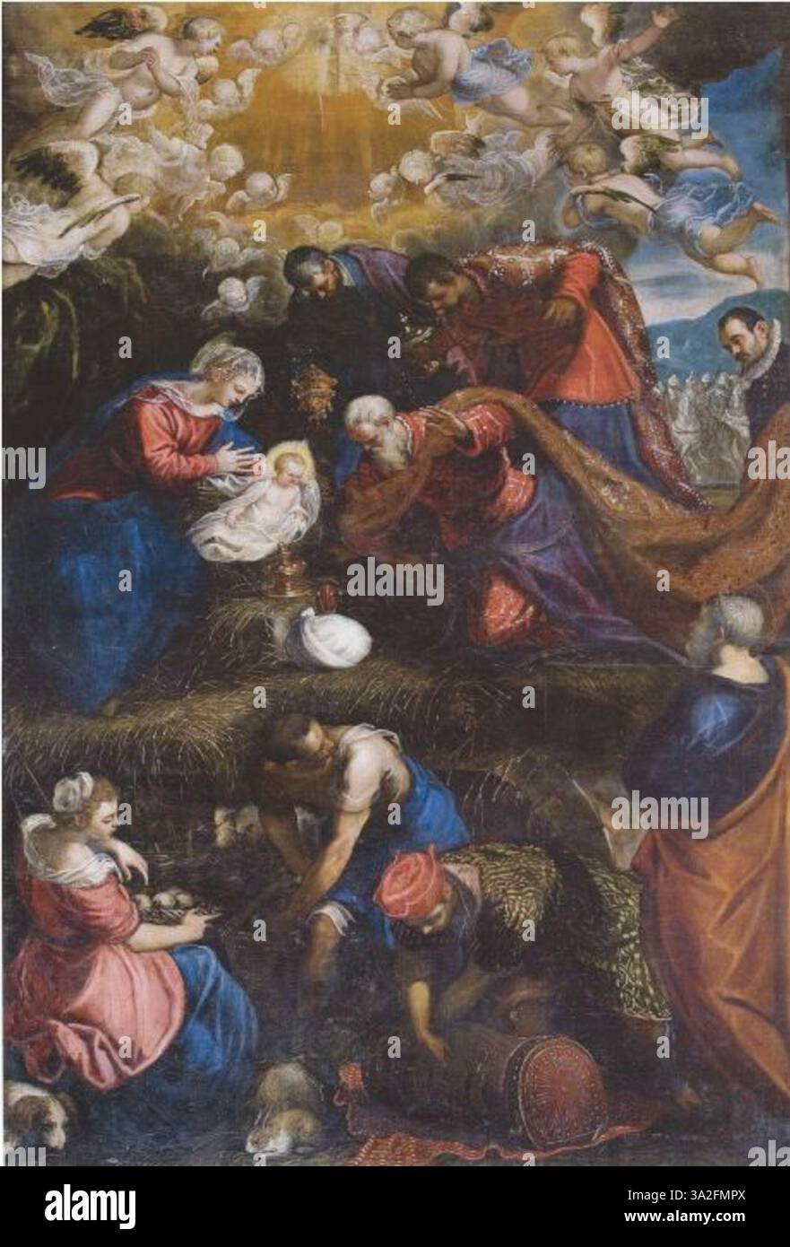 This painting by Domenico Tintoretto depicts the biblical scene of the Adoration of the Magi ...
