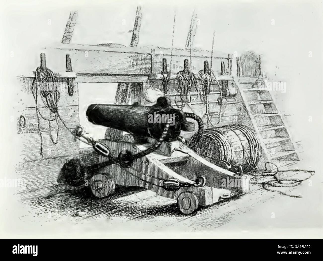 This illustration depicts a 12-pounder carronade mounted on a 19th ...
