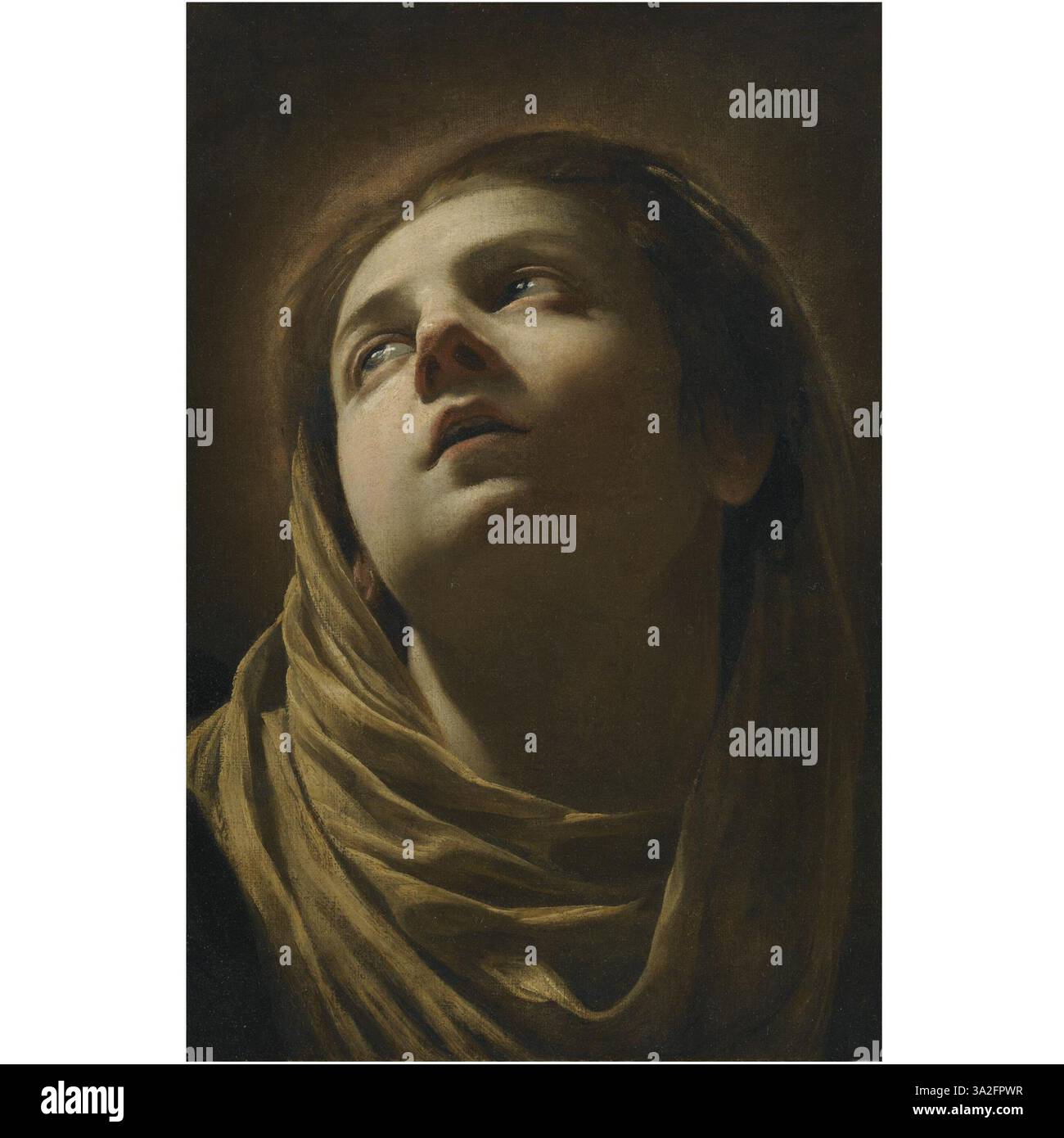 This drawing shows the head of the Virgin Mary, focusing on her serene ...