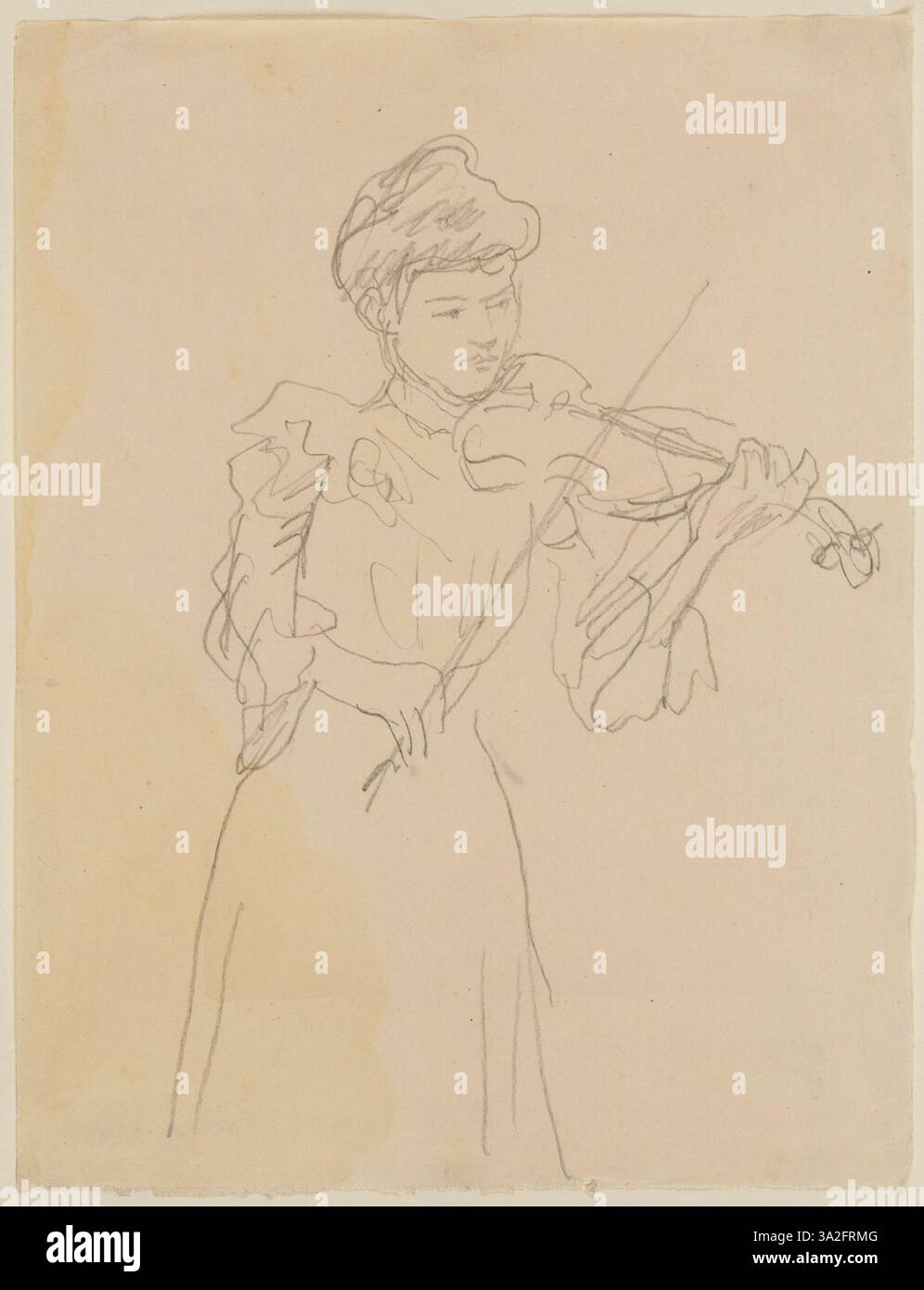 This piece shows a woman standing and playing the violin, with a focus ...