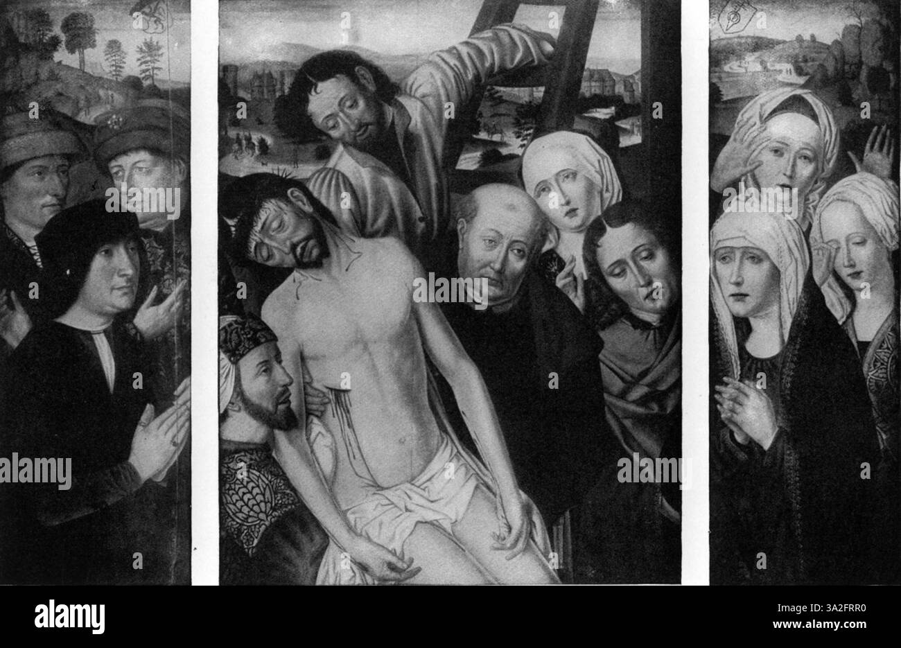 A powerful depiction by Hugo van der Goes, showing a group of mourners ...