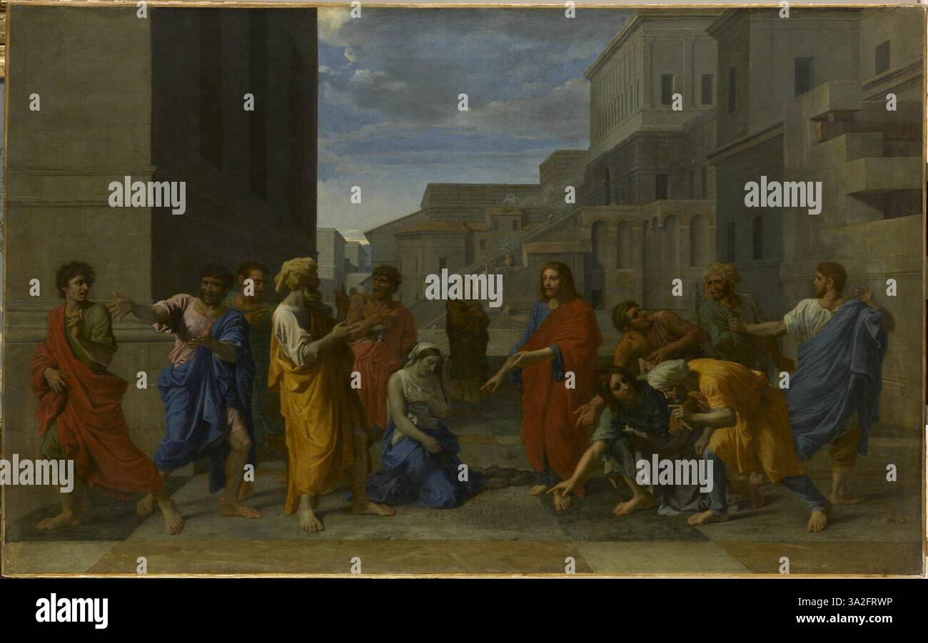 This scene depicts the biblical moment of Christ and the adulterous ...