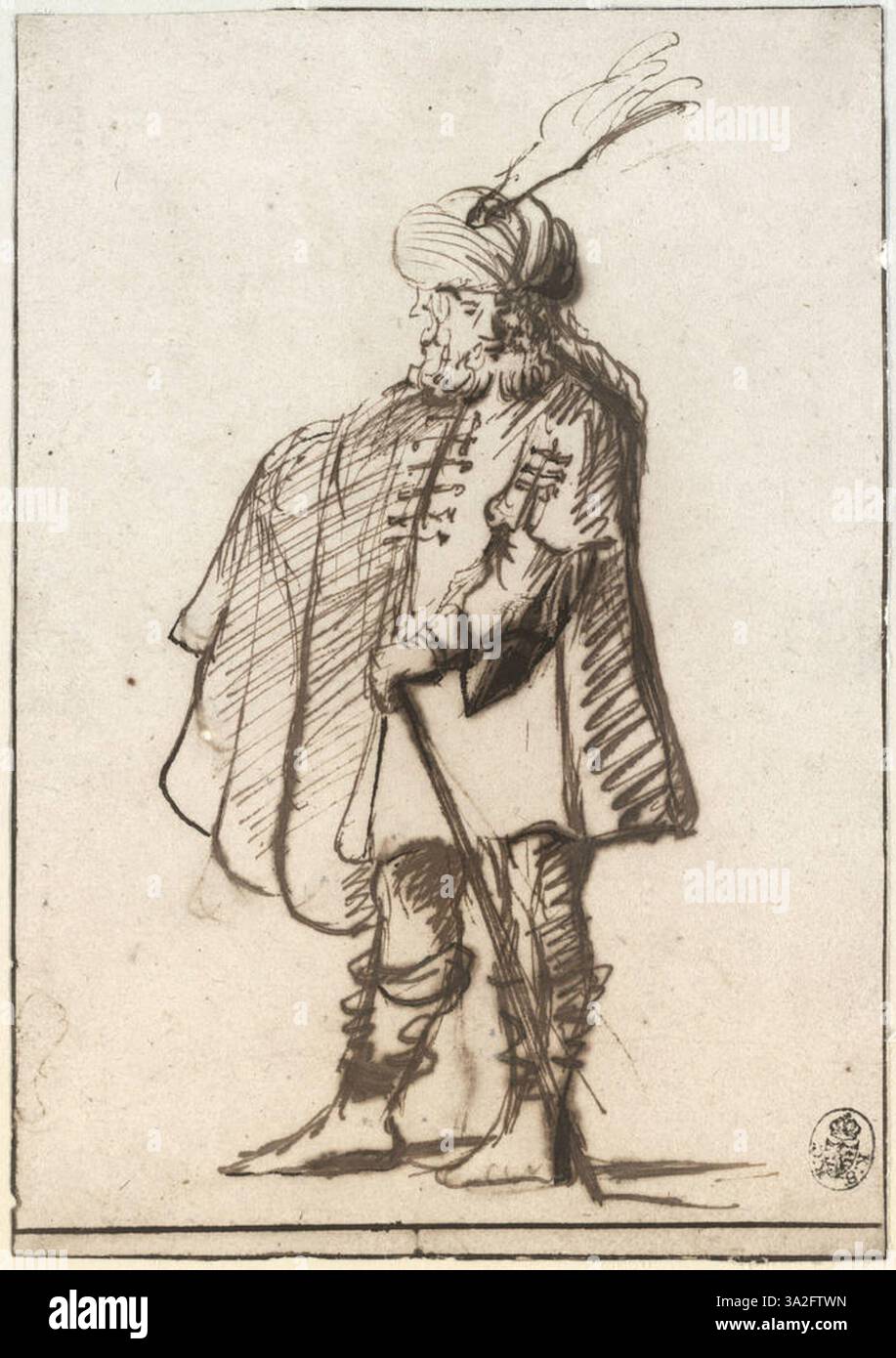 This artwork depicts an oriental ruler standing, showcasing Rembrandt’s ...