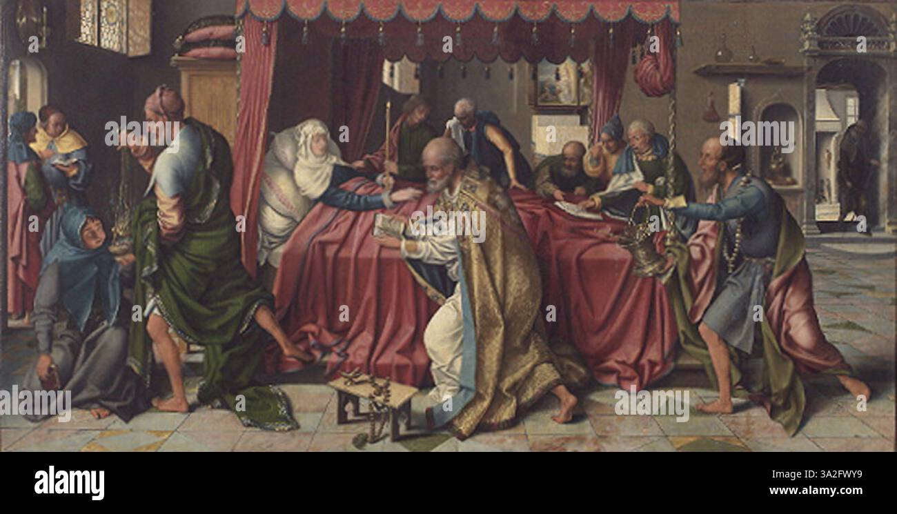 'Der Tod Mariens' by Joos van Cleve, painted in 1515, illustrates the ...