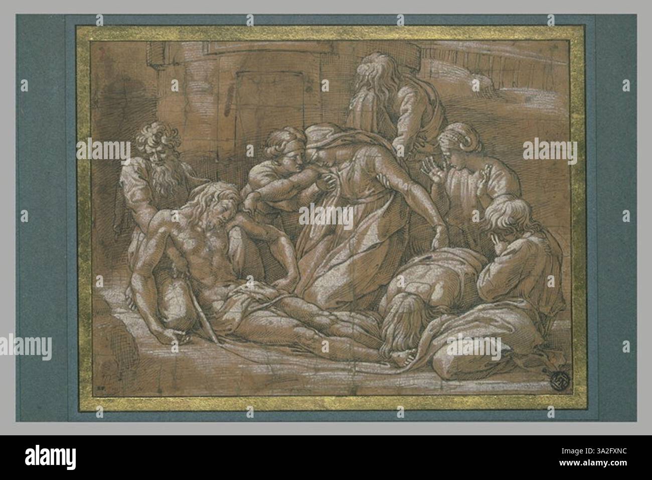 This drawing is a copy after Raphael, depicting the Lamentation of Christ. The sorrowful figures ...