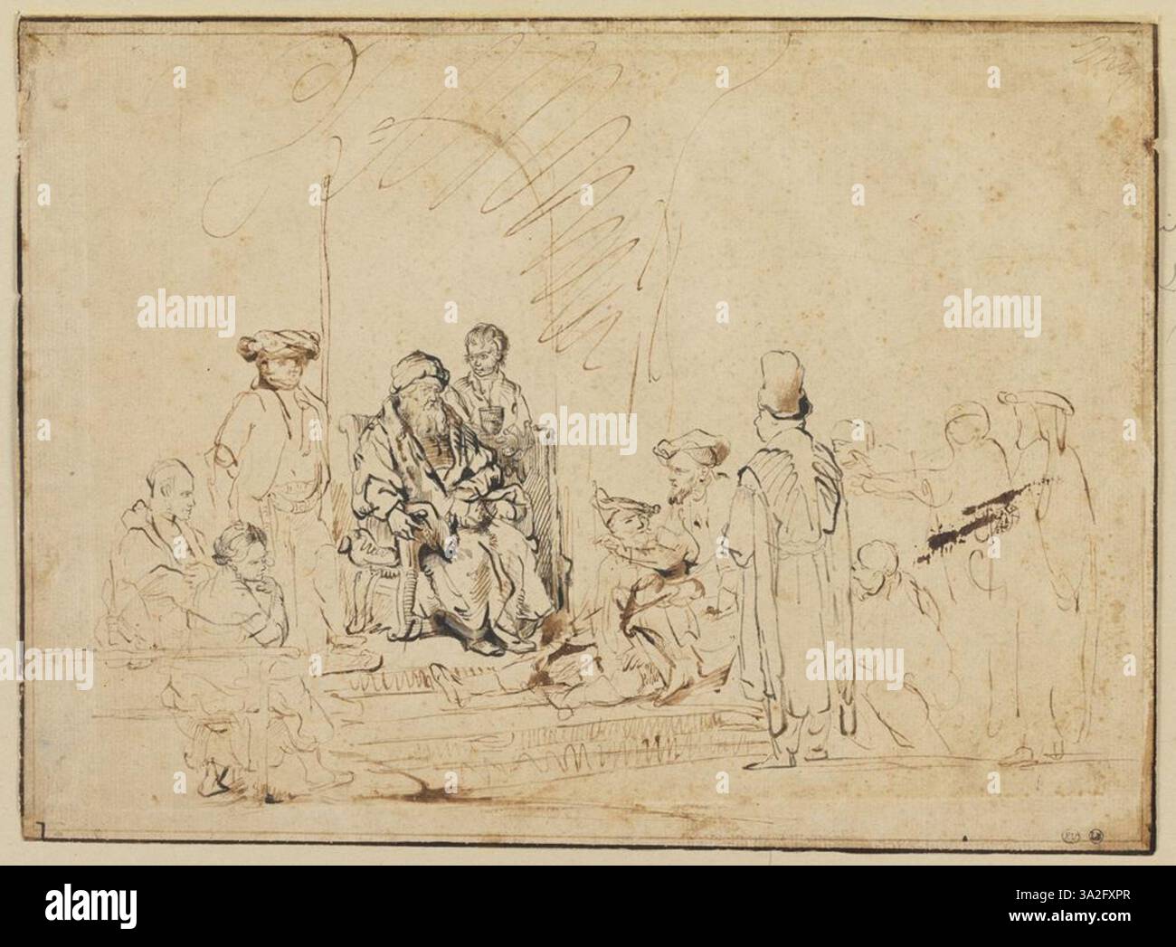 This etching depicts the biblical scene of Jacob listening to the story ...