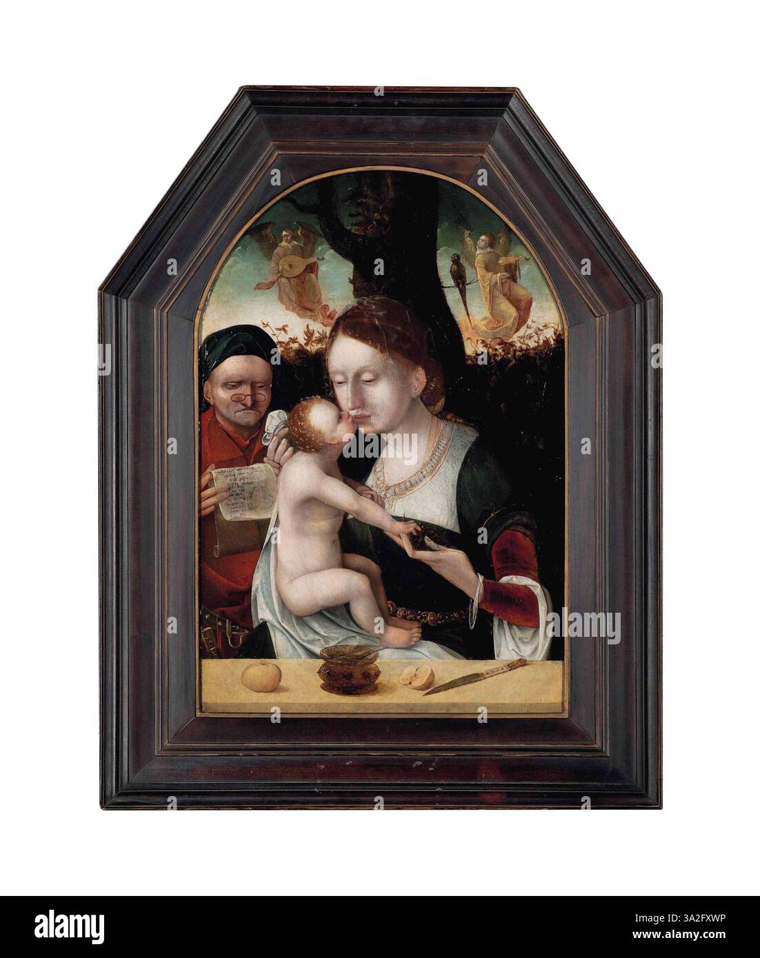 This depiction of the Holy Family includes music-making angels, enhancing the divine atmosphere ...